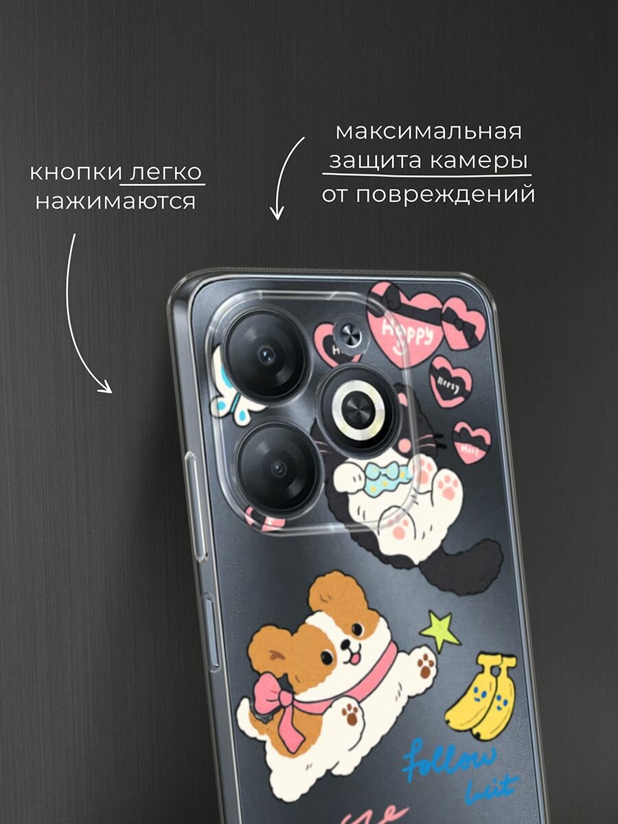 Чехол на Infinix Smart 8/8 HD/HOT 40i / Инфиникс Смарт 8/8 HD/HOT 40i с принтом "Кудрявые животные", прозрачный — фото 1