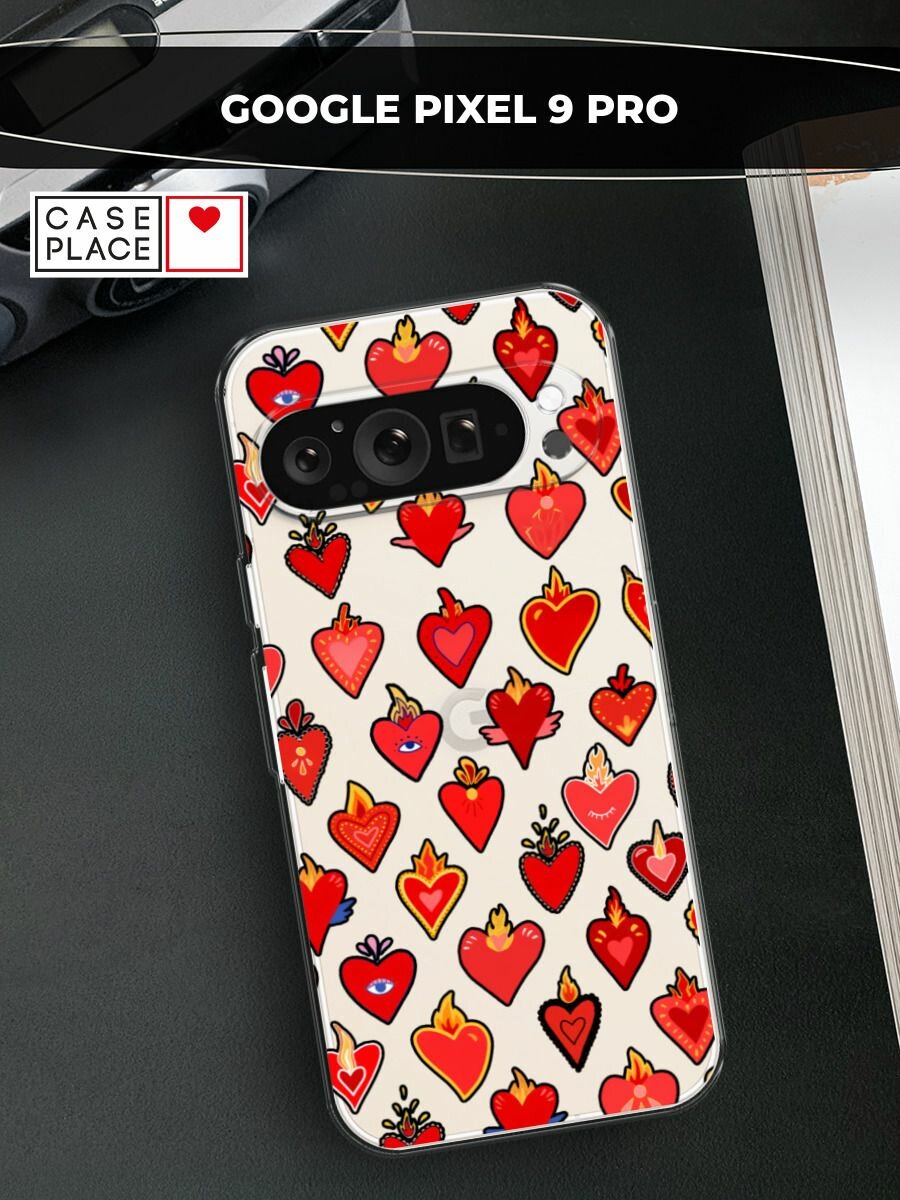 Чехол на Google Pixel 9 Pro / Гугл Пиксель 9 Про с принтом "Дьявольские сердца паттерн", прозрачный