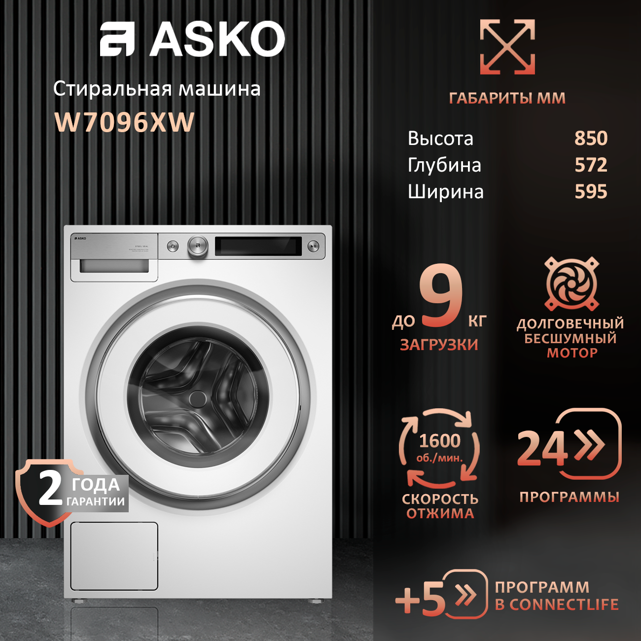 Стиральная машина Asko W7096XW, 29 программ, 1600 об/мин, загрузка 9 кг