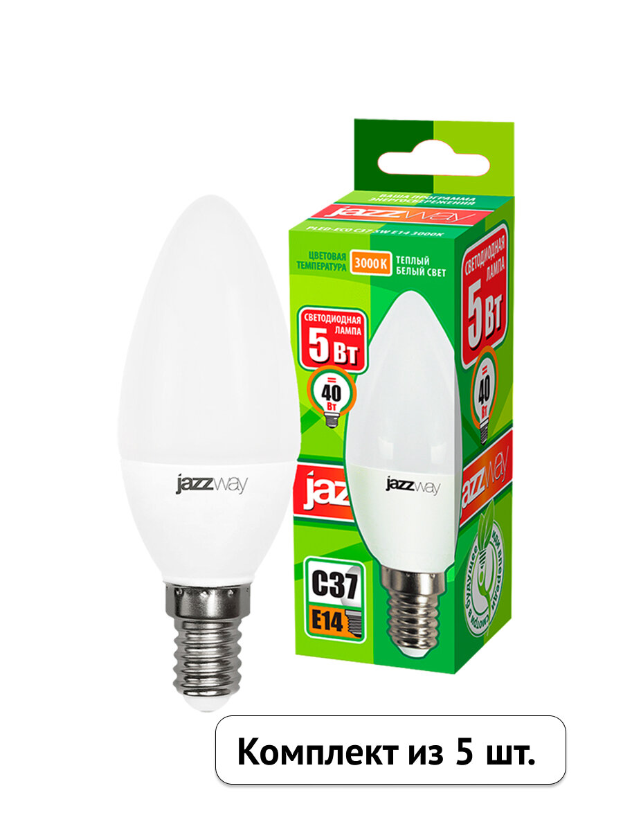 Лампочка светодиодная Jazzway Pled Eco 5Вт, 3000K, 400Лм, Е14, теплый белый свет, свеча (комплект из 5 шт.)