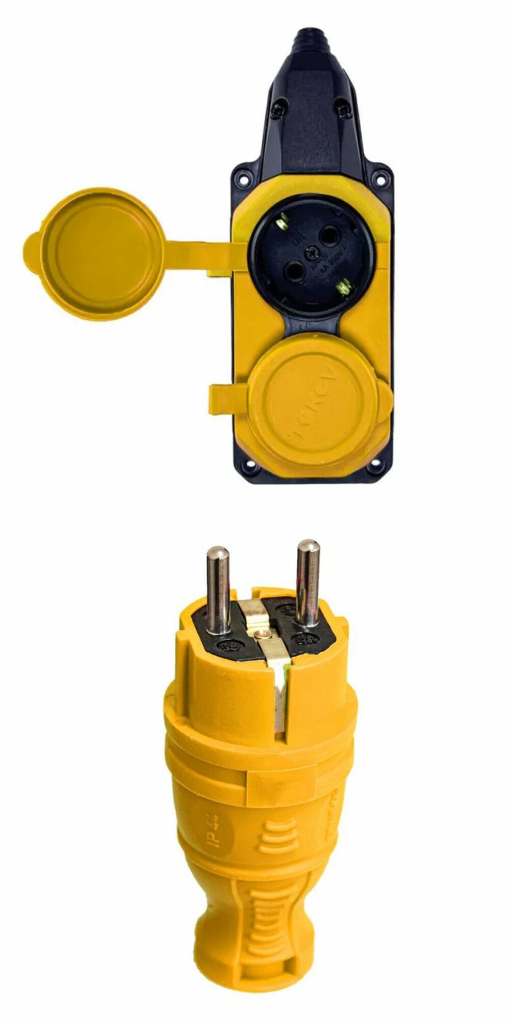 Комплект Колодка 2-м с крышкой+Вилка прямая 16А IP44 с заземлением каучуковая, цвет жёлтый