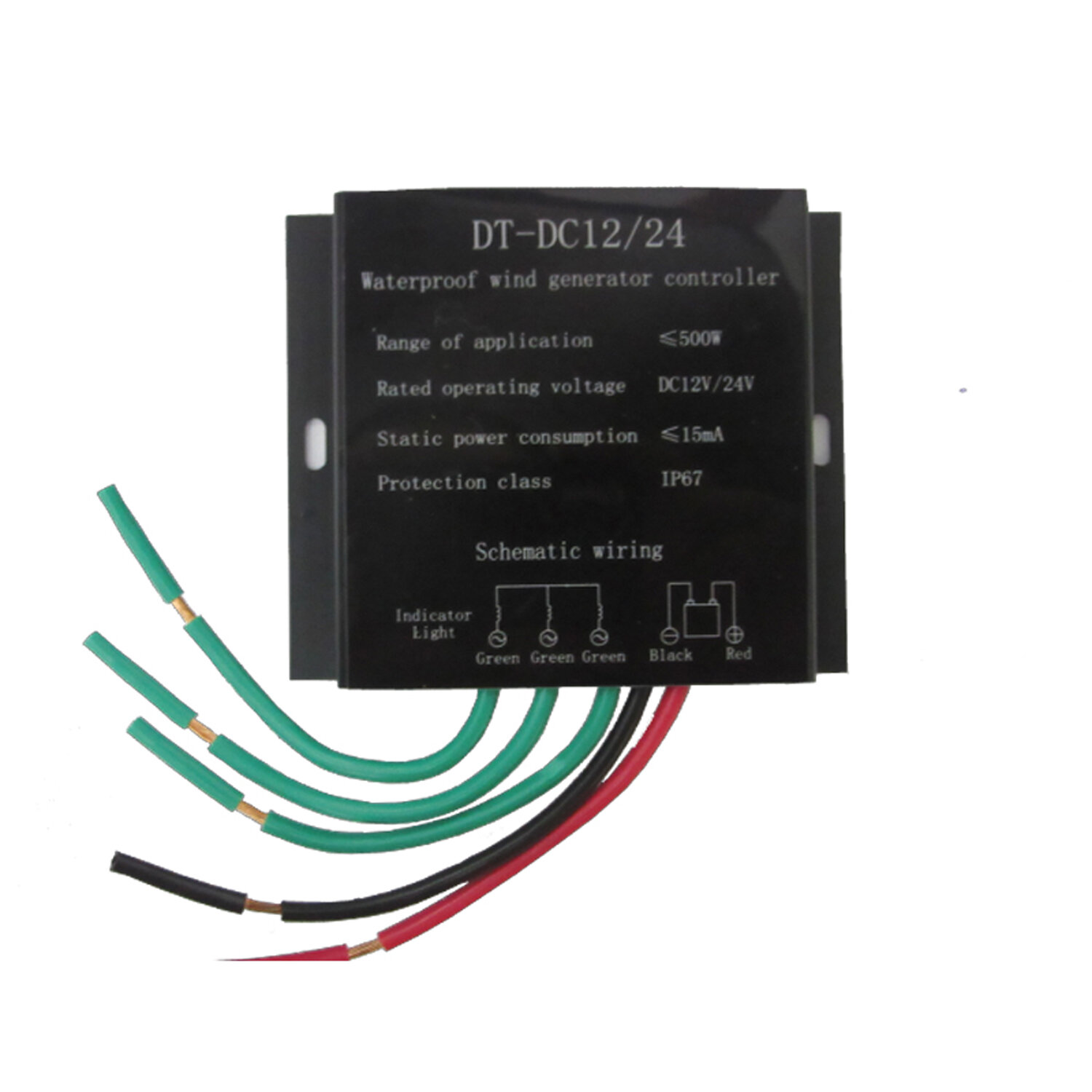 Регулятор контроллера ветрогенератора 500W DC12V/24V автоматическое переключение водонепроницаемое с функцией заряда батареи, черный цвет, материал пластик+компоненты, температура работы -35℃ до 75℃, дисплей LED, размер 100*130*40mm