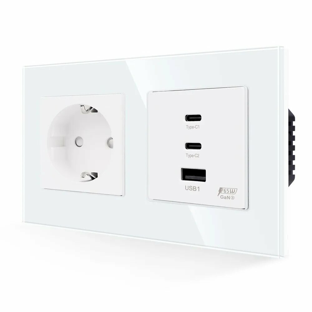 Розетка электрическая двойная с USB и type-C быстрая зарядка 65W и розеткой EU 220V, рамка закаленное стекло белый