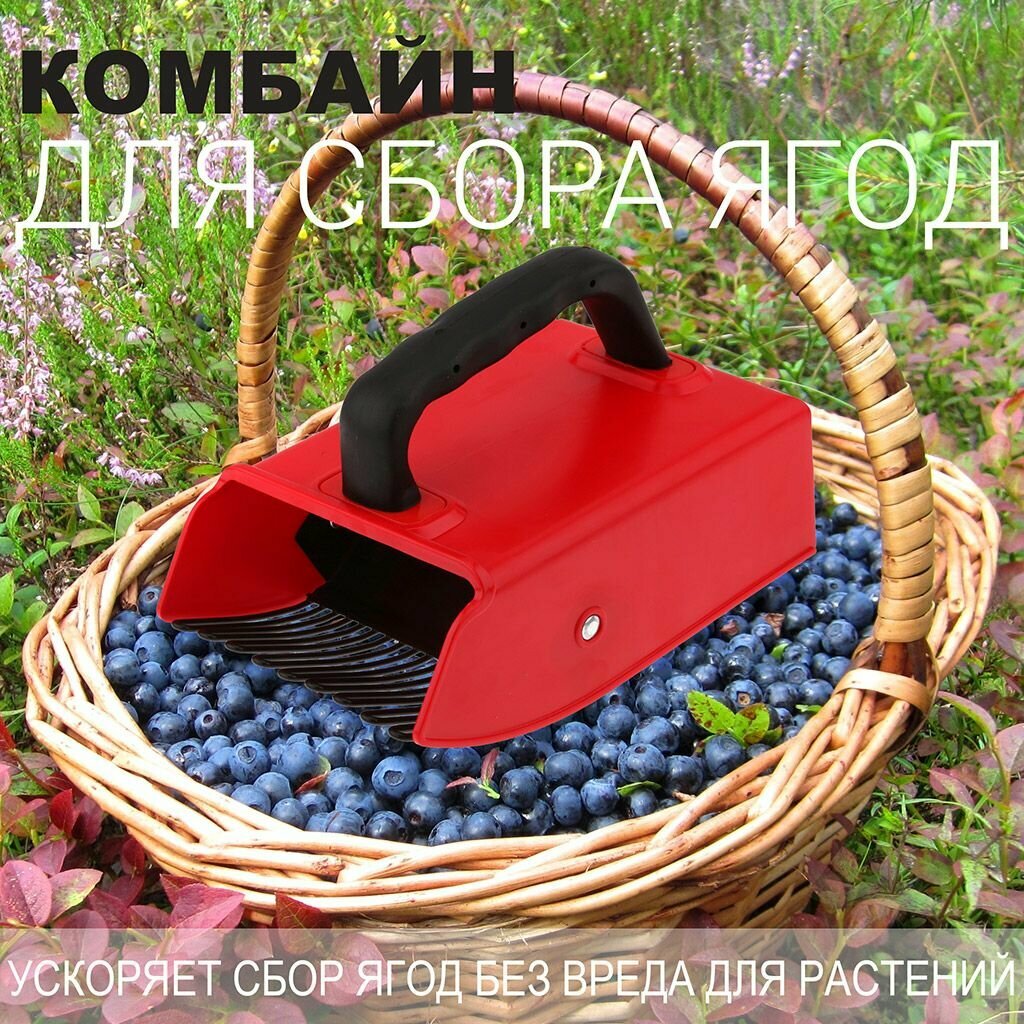 Комбайн (контейнер) плодосборник "Финский L" для ягод, 24,5х17,5х14см, с заслонкой, пластик/металл/обрезиненная ручка (подходит для всех типов ягод), цвет - красный