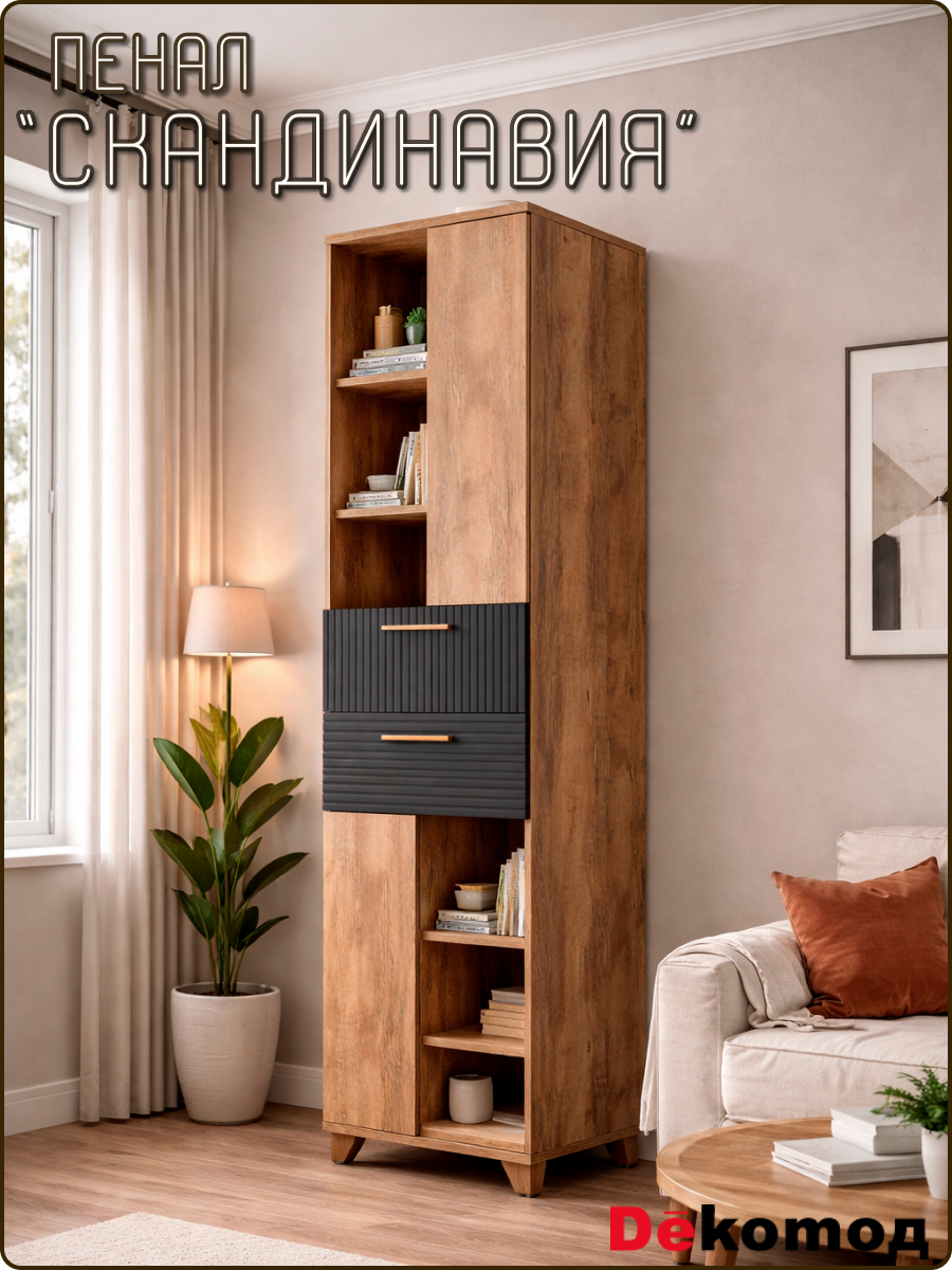 Пенал «Скандинавия» для аксессуаров, документов, шкаф узкий с полками и ящиками в гостиную, спальню 550х1860х400мм