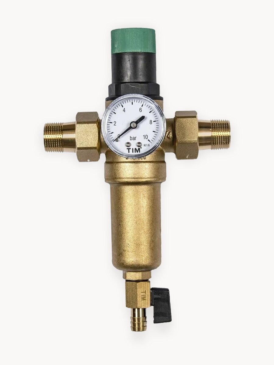 Фильтр с редуктором давления 3/4" самоочищающийся с манометром, американками и дренажем, латунная колба, TIM, JH-2007