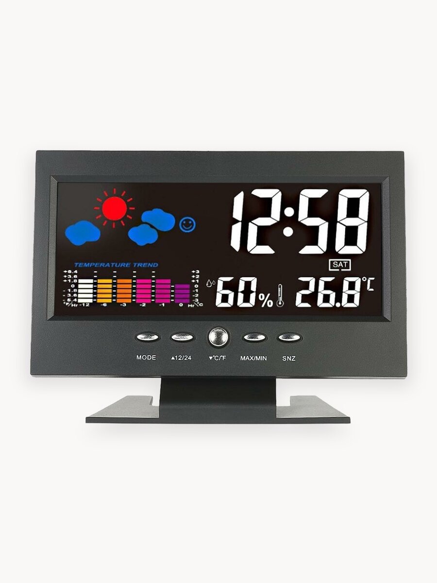 Умные цифровые часы с метеостанцией, календарем и будильником большой экран 14.5 см, прогноз погоды, измерение температуры и влажности