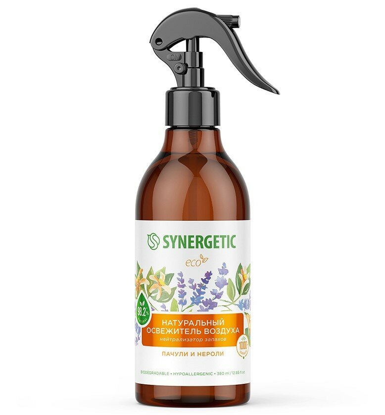Гипоаллергенный освежитель воздуха Synergeic, нейтрализатор запахов «Пачули и нероли», 380мл