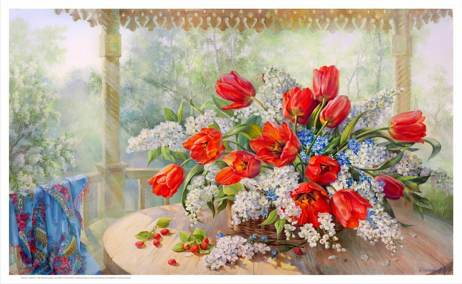 Постер на холсте, "Тюльпаны с черёмухой", 50х70 см, художник - Дандорф Ольга. Холст в рулоне, Арт. ДО-р17-50х70