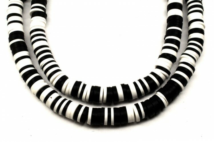 Бусины каучуковые плоские круглые 6х1мм, отверстие 1,8мм, цвет черный/белый, 524-014, 1 нить (около 40 см, около 310шт)