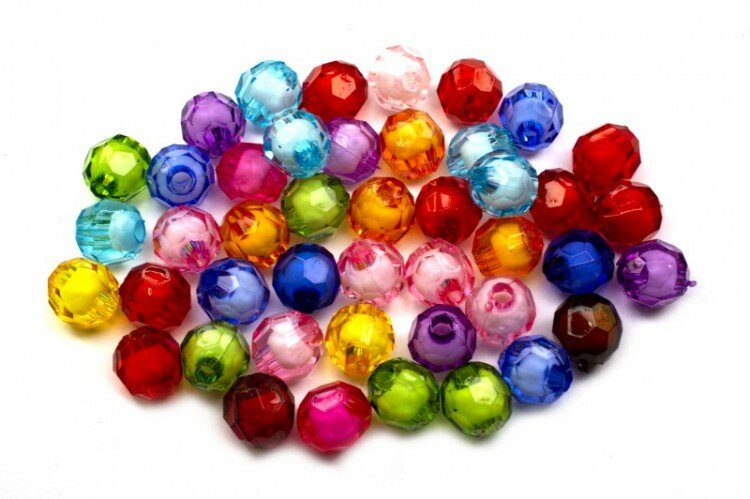 Бусины акриловые круглые граненые 8мм, отверстие 1,5мм, ассорти цветов, 540-073, 10г (около 40шт)