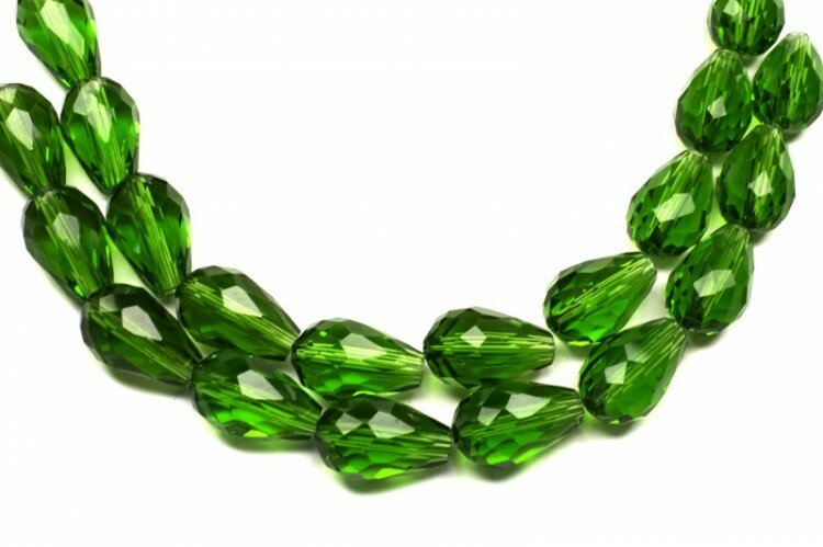 Бусина стеклянная граненая Капля 15х10мм, цвет зеленый, прозрачная, 503-003, 10шт