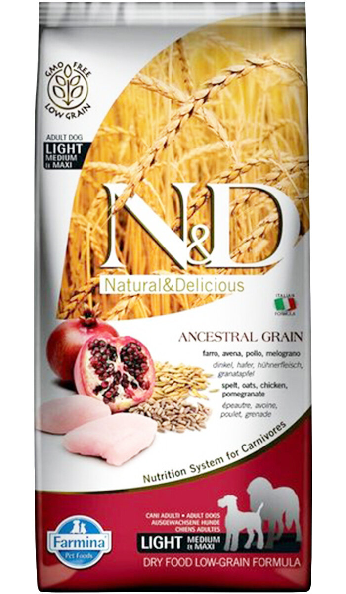FARMINA DOG N&D AG LIGHT ADULT MEDIUM/MAXI CHICKEN/POMEGRANATE низкозер вз соб сред/кр кур, гранат 12 кг