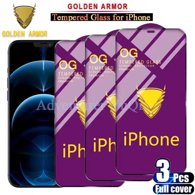 Защитная пленка OG из закаленного стекла Golden Armor для iPhone 17 Air 16e 16 15 14 13 12 11 Pro XS Max X XR, полный клей 7 8 for iPhone 15 16, Golder Armor Black