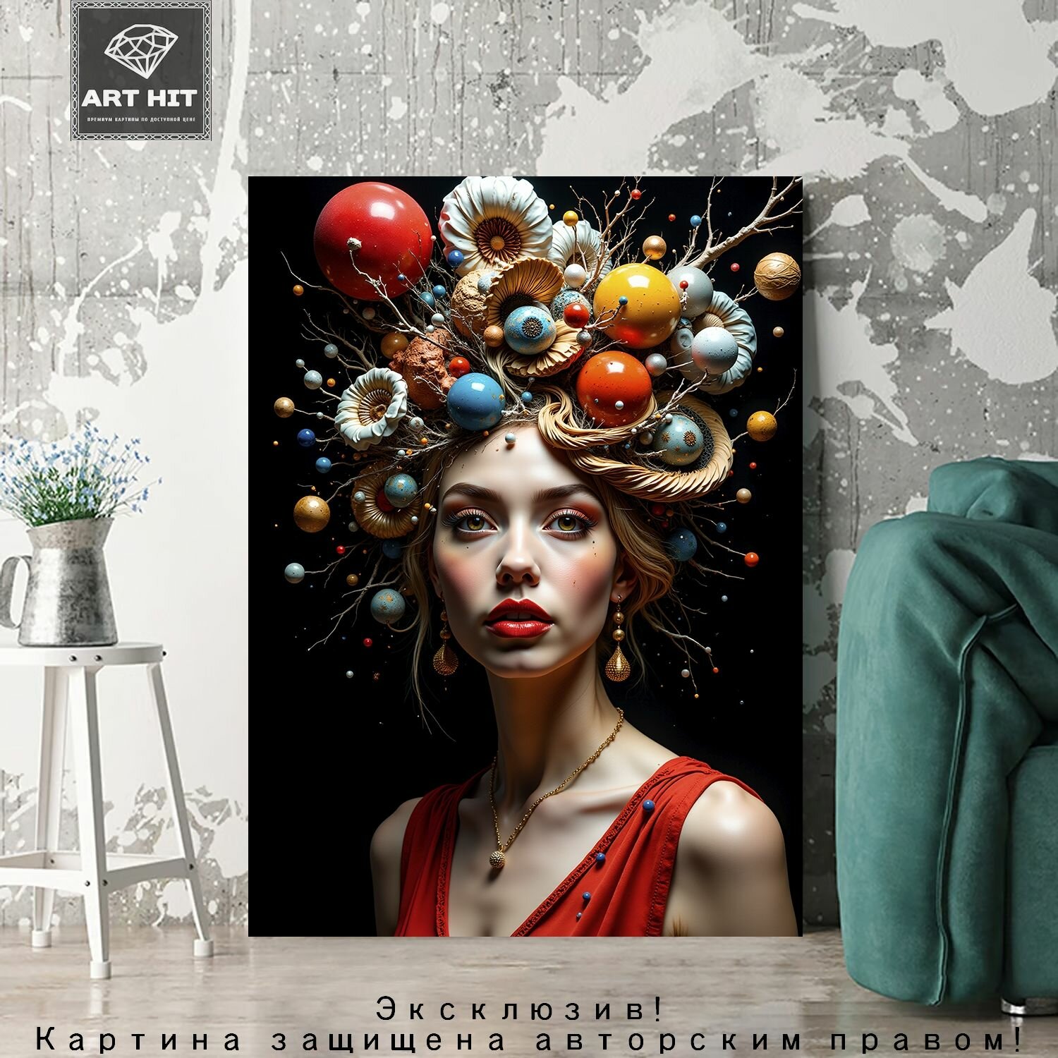 Картина с девушкой, девушка и геометрические фигуры 60х80 см.