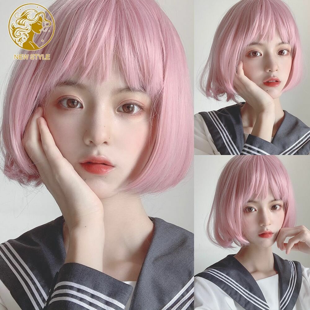 Женский парик, короткие розовые волосы с челкой