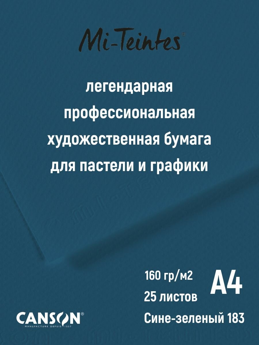 CANSON Mi-Teintes бумага для пастели 160 г/м2, 25 листов A4 21 х 29.7 см, №183 Сине-зеленый C31032S042
