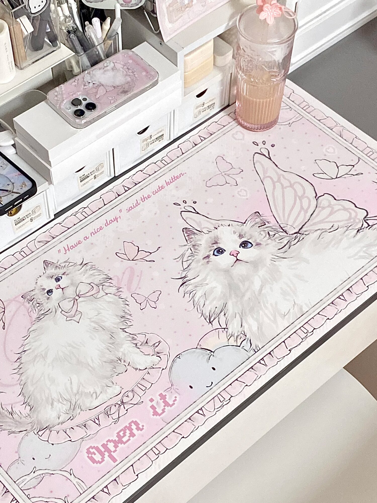 Милый коврик для мыши Ragdoll Cat Рэгдолл, розовый Kawaii, нескользящий водонепроницаемый настольный коврик для девочек, большой коврик для клавиатуры, офисный декор для учебного стола, Color 2, 400x800x2mm
