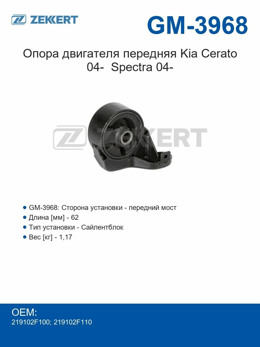 Zekkert Опора двигателя передняя Kia Cerato с 2004 года Spectra с 2004 года