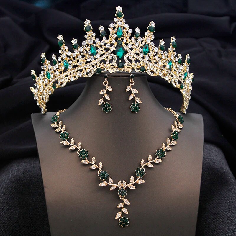 Cenmon короны и ожерелье из горного хрусталя Изумрудный, A Gold Green Set