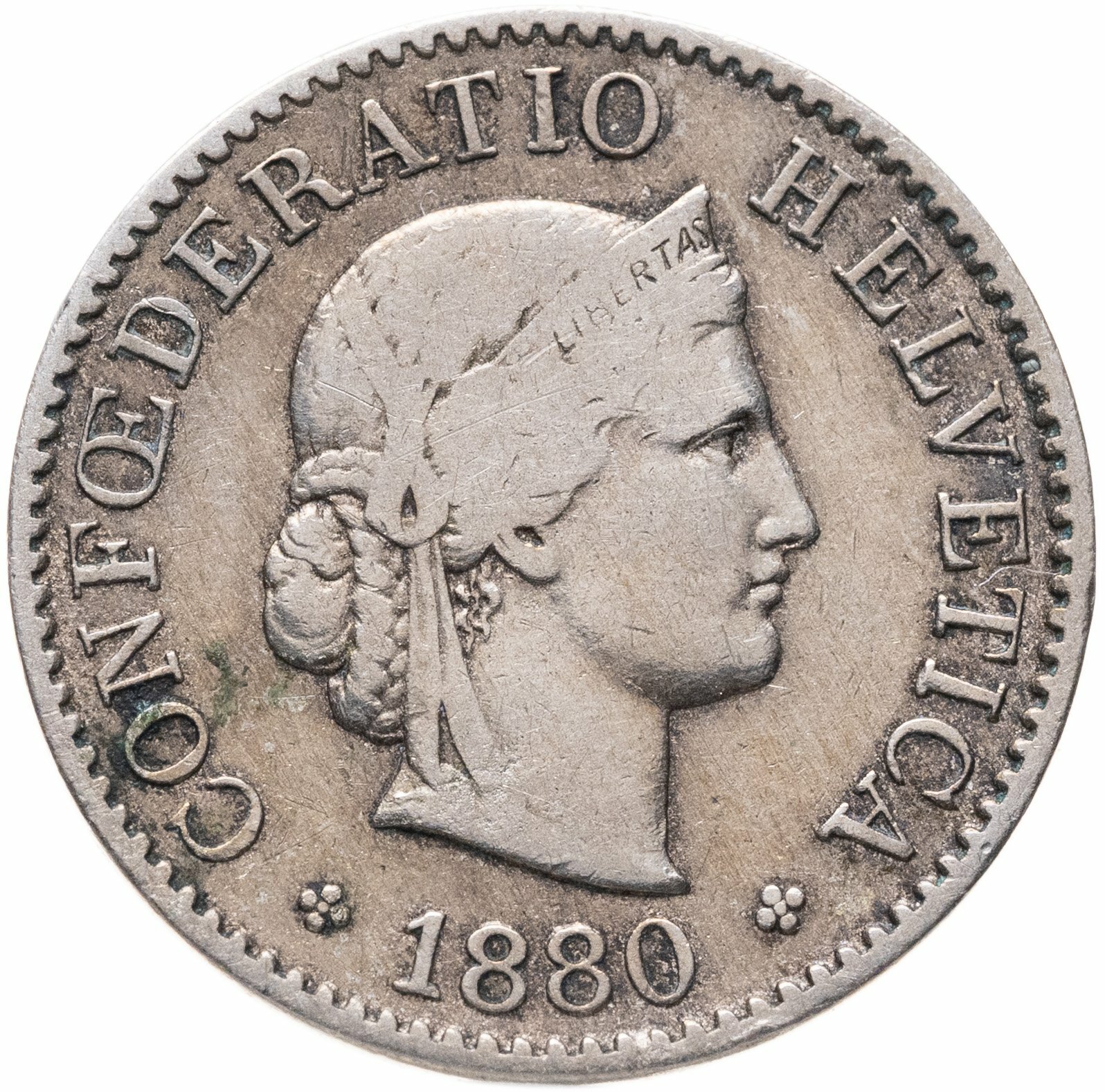 Швейцария 5 раппенов rappen 1880, Мельхиор медь-никель, в сохранности VF