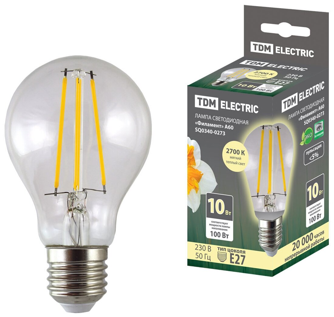 Лампа светодиодная "Филамент" А60-10 Вт-230 В-2700 К–E27 TDM