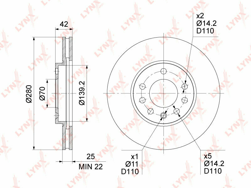 Диск тормозной передний 280X25 OPEL ASTRA G H 98-10 COMBO 04 CORSA C 03-09 LYNXAUTO BN-1837