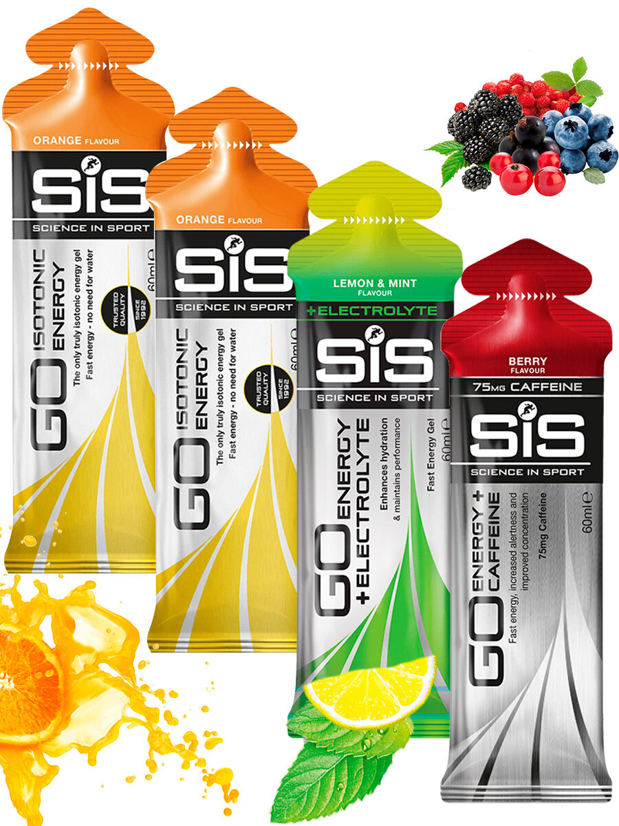 Гель питьевой SCIENCE IN SPORT (SiS) GO Energy MIX-31 4 x 60 мл, Лимон-Мята, Ягоды, Апельсин