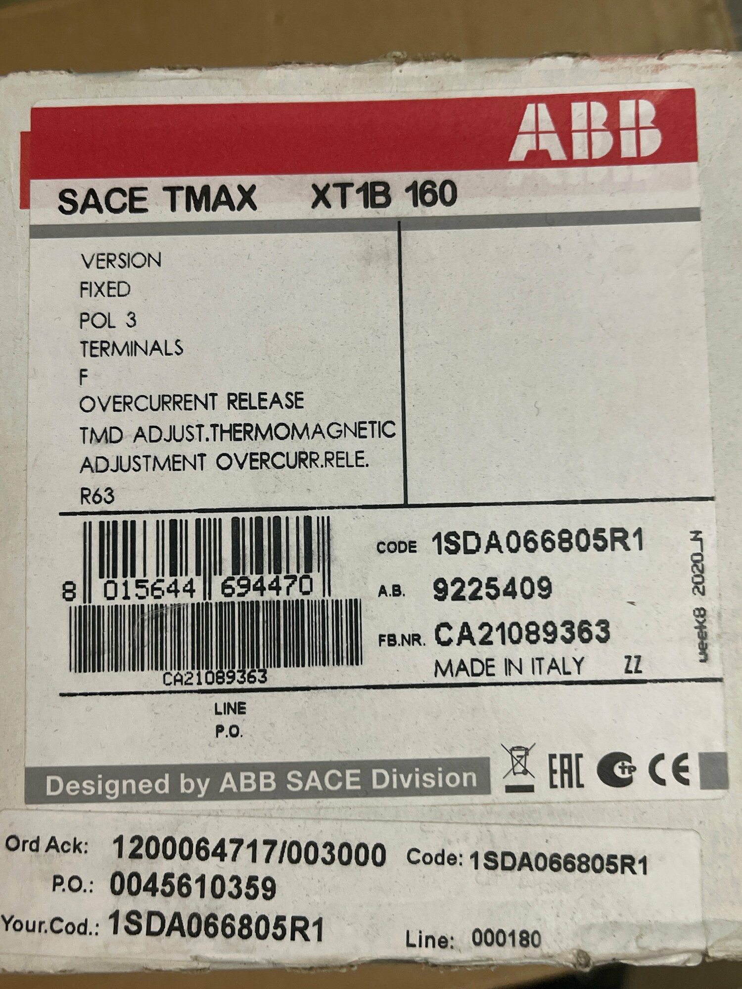 ABB Выключатель автоматический силовой 3п XT1B 160 TMD 63-630 3p F F ABB 1SDA066805R1