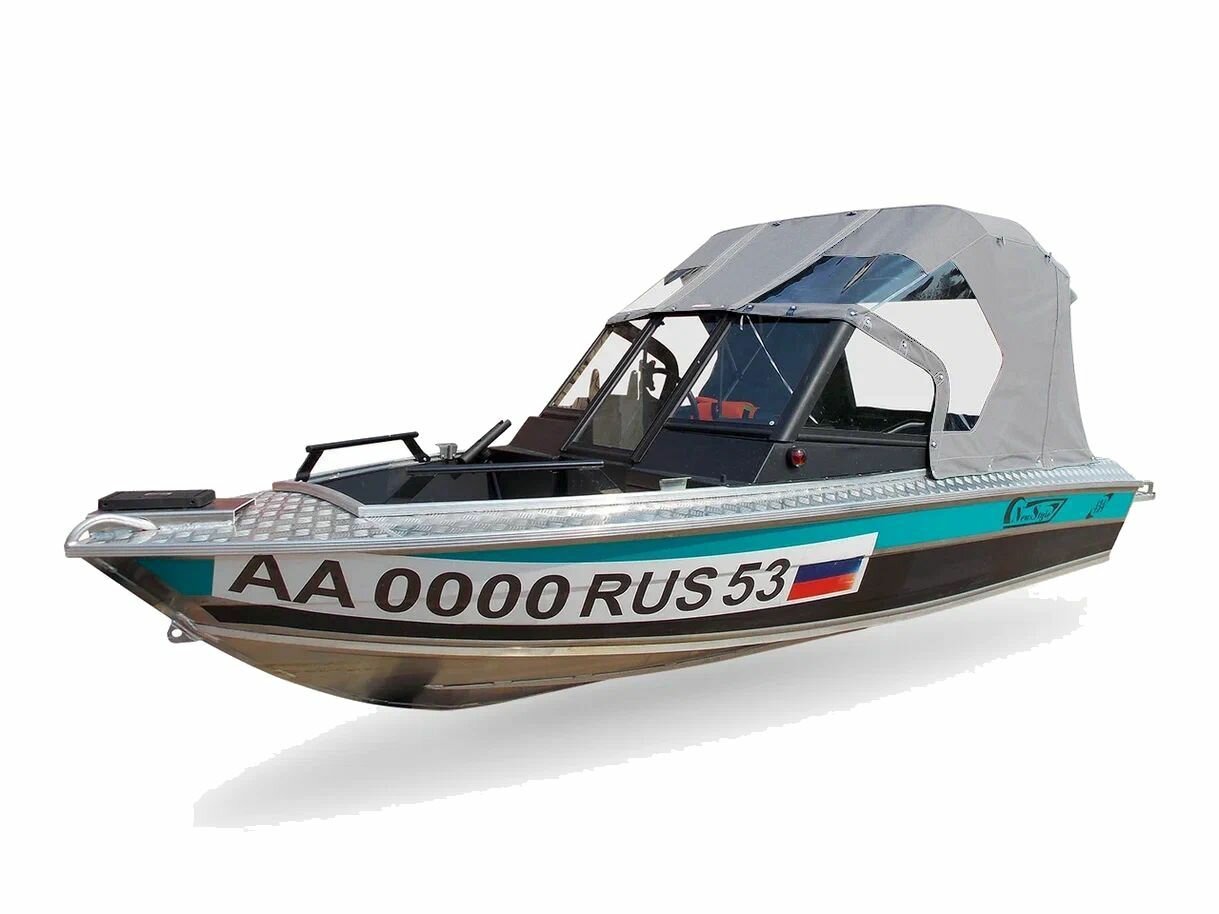 Вельбот 434НС / Wellboat 434NS. Тент с дугами с креплениями для стекла с калиткой