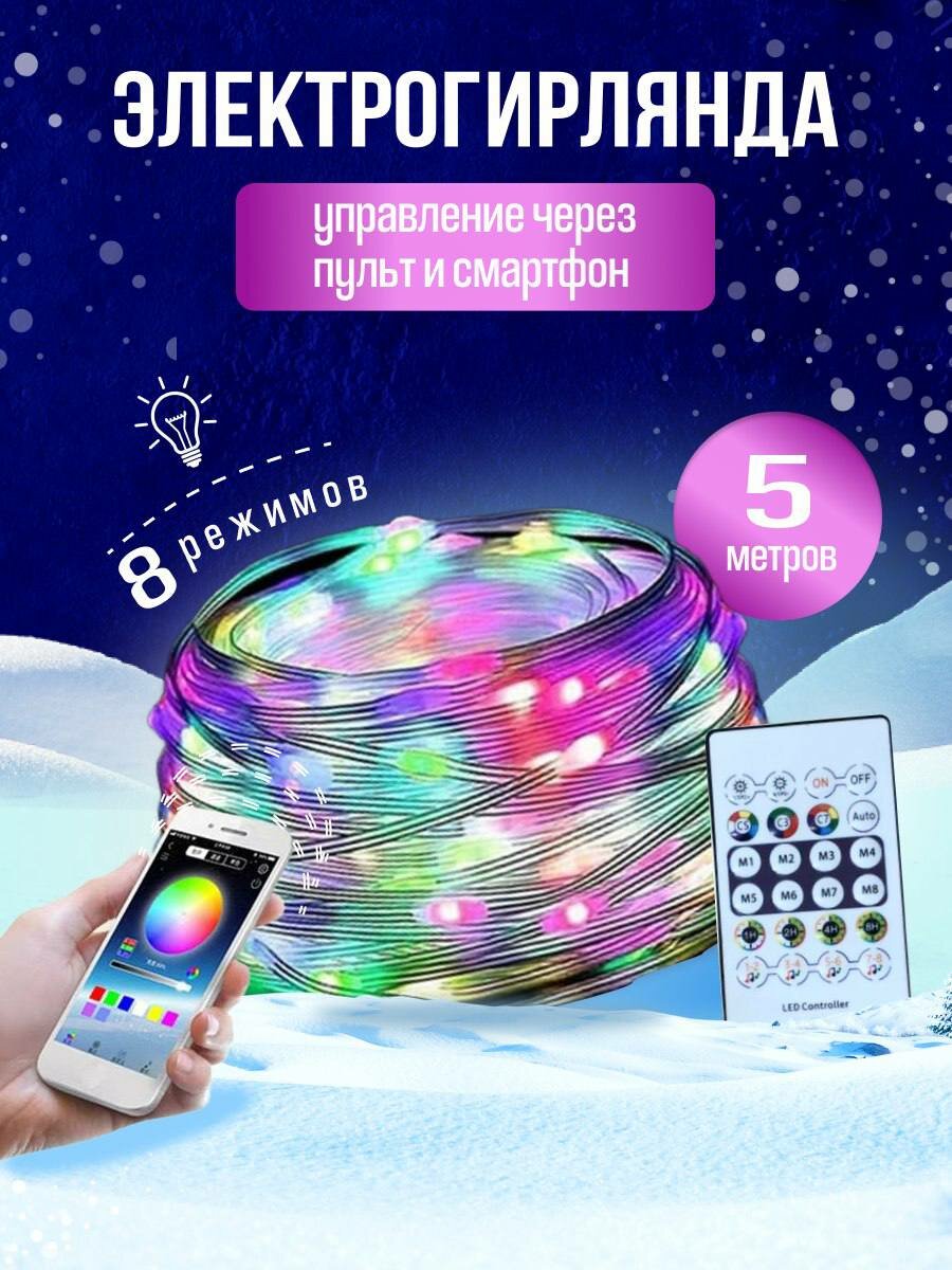 Гирлянда светодиодная с управлением со смартфона или пульта 5 метров