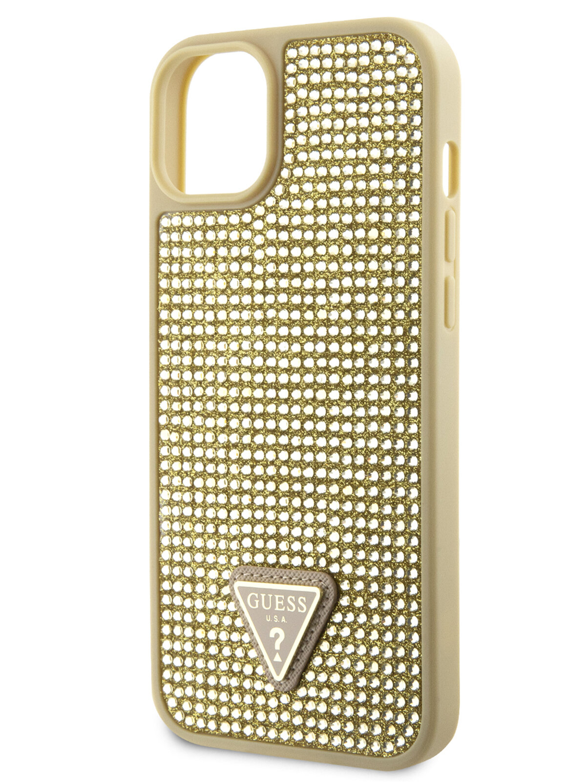 Guess для iPhone 15 чехол Diamond Rhinestone Triangle metal logo Hard Gold