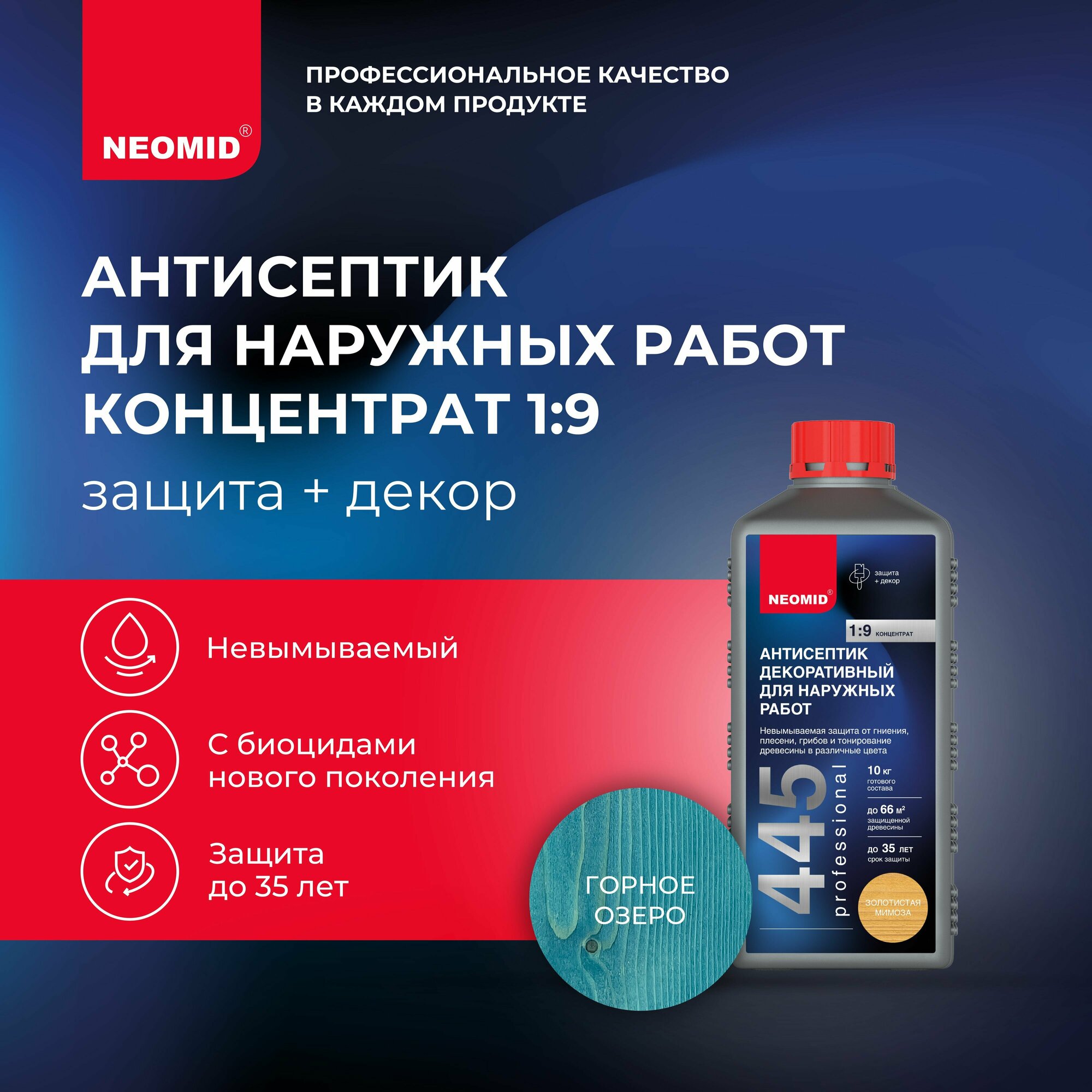 Декоративный антисептик для дерева NEOMID 445 (Горное озеро) 1 кг / Защитная пропитка для деревянных фасадов