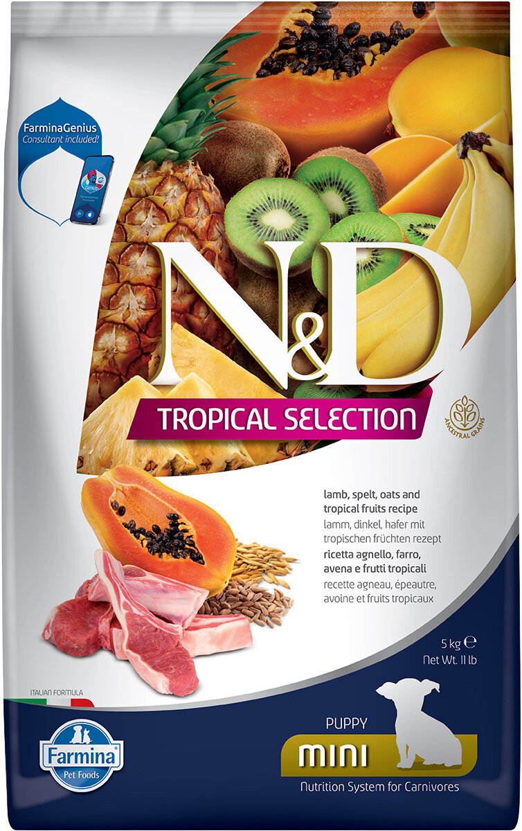 FARMINA DOG N&D TROPICAL PUPPY MINI LAMB низкоз щенк мал пор ягненок, спельта, овес, фрукты 5 кг