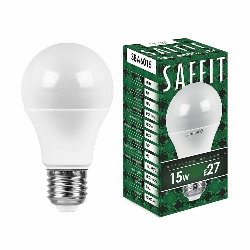 Лампа светодиодная Е27 мощность 15W цвет 6400K дневной белый свет SAFFIT SBA6015 55012 Упаковка 1 штука