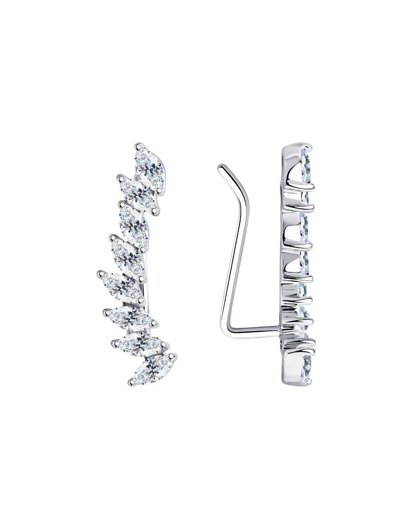 Серьги каффы, серебро, 925 проба, родирование, фианит