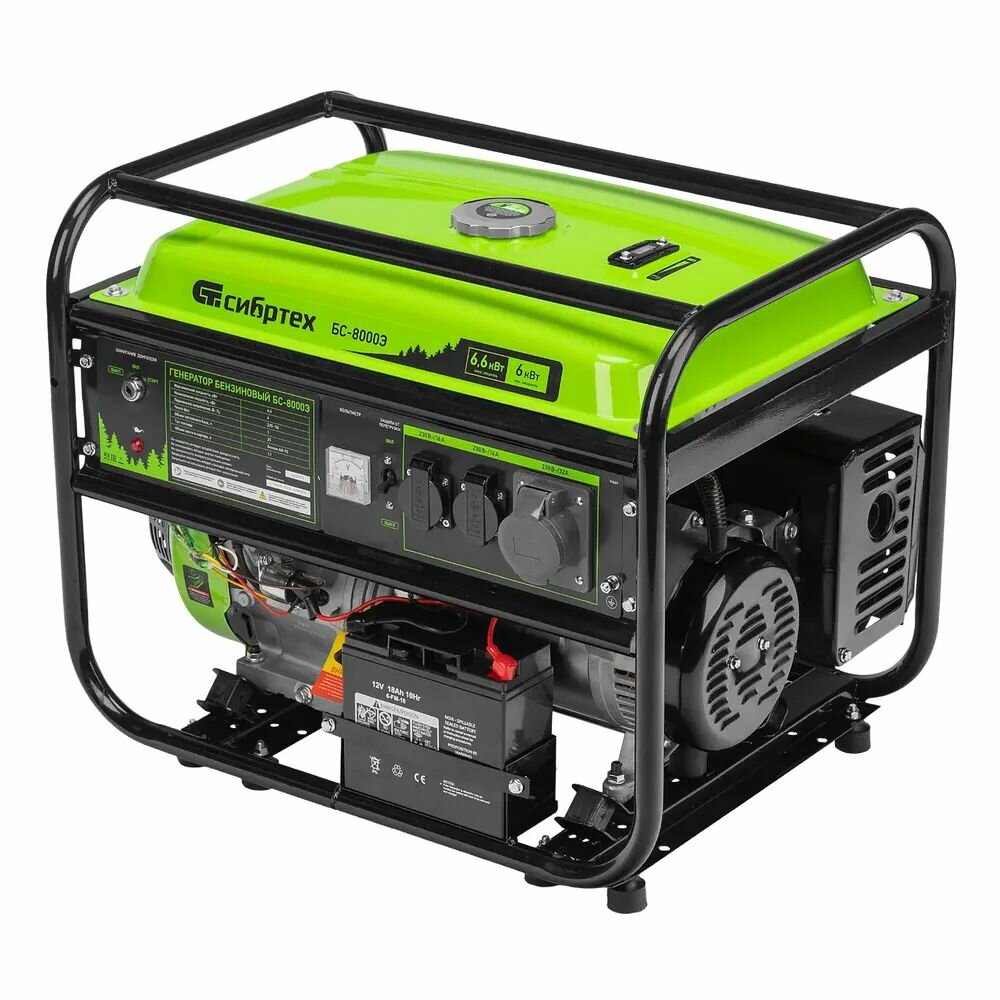 Генератор бензиновый БС-8000Э, 6,6 кВт, 230В, четырехтактный, 25 л, электростартер Сибртех 94549