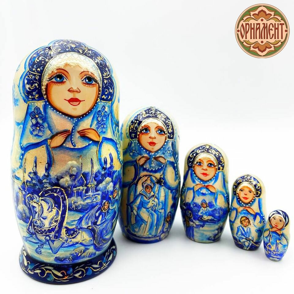 Матрешка деревянная детская Снегурочка 5 мест развивающая игрушка 15 см Орнамент