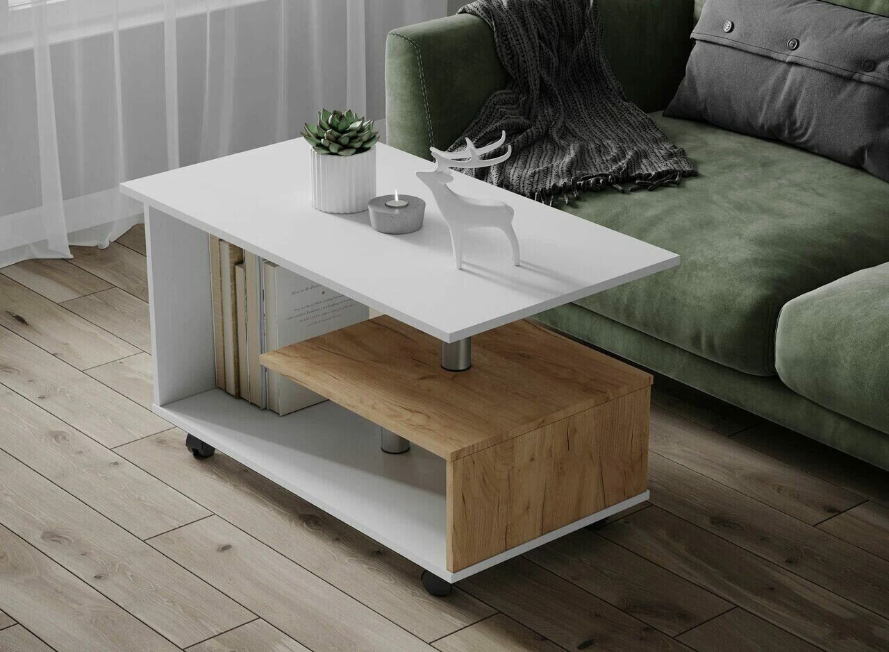 Стол журнальный «Консул-5», с полкой, на колесиках, дуб крафт золотой/белый (900х500х560)