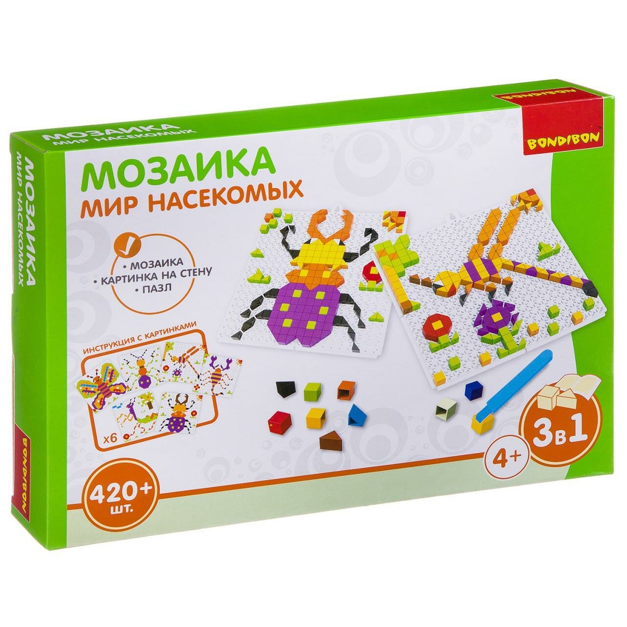Логические, развивающие игры и игрушки Bondibon Мозаика "МИР насекомых", 420 дет, BOX 30x4.5x21 см