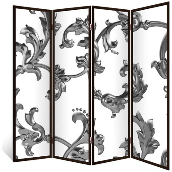 Ширма перегородка Декор Депо для комнаты деревянная "Барокко серебро" двухсторонняя с картинкой (абстр) 4 створки венге