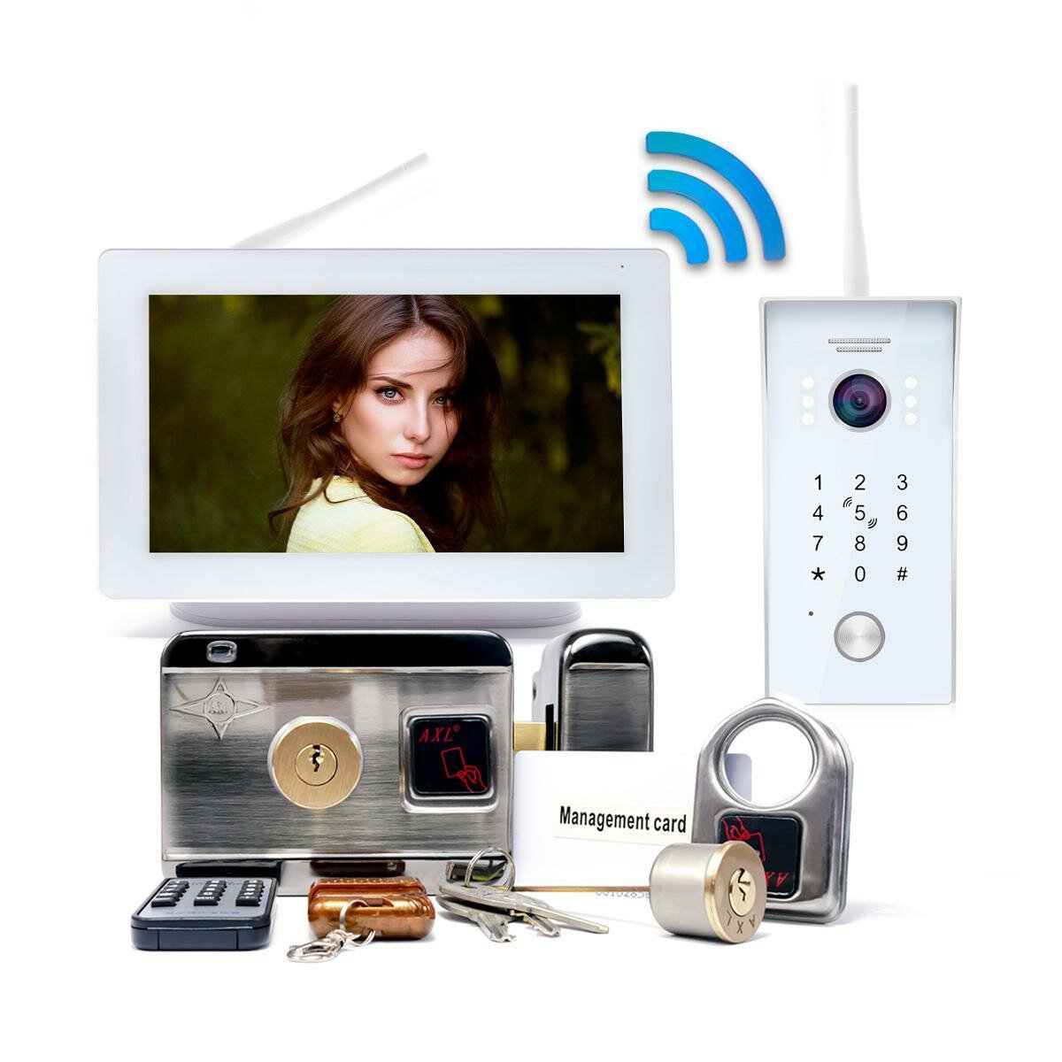 Комплект радиоканальный Wi-Fi HD видеодомофон и электромеханический замок AX066 - СкайНет 700-Tuya (1+0+AX066)-LCD (N52473KO) и Wi-Fi вызывная панел