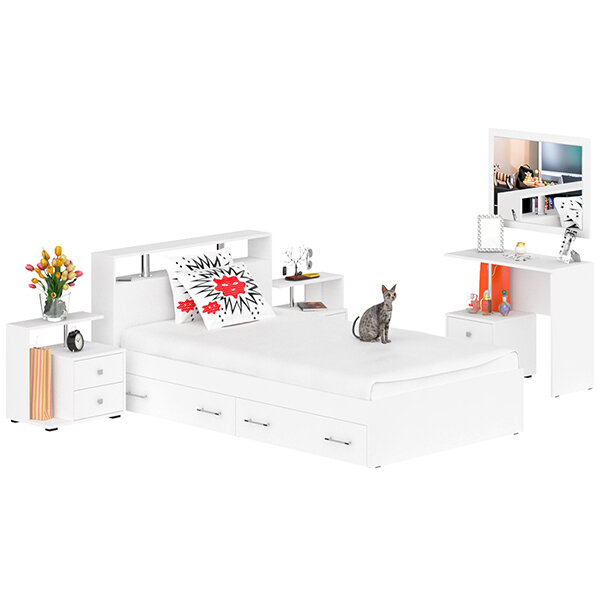 Спальня Камелия № 13 Кровать с ящиками 1200 + Две тумбы + Стол косметич. + Зеркало, цвет белый, сп. м. 1200х2000 мм, б/м, основание есть