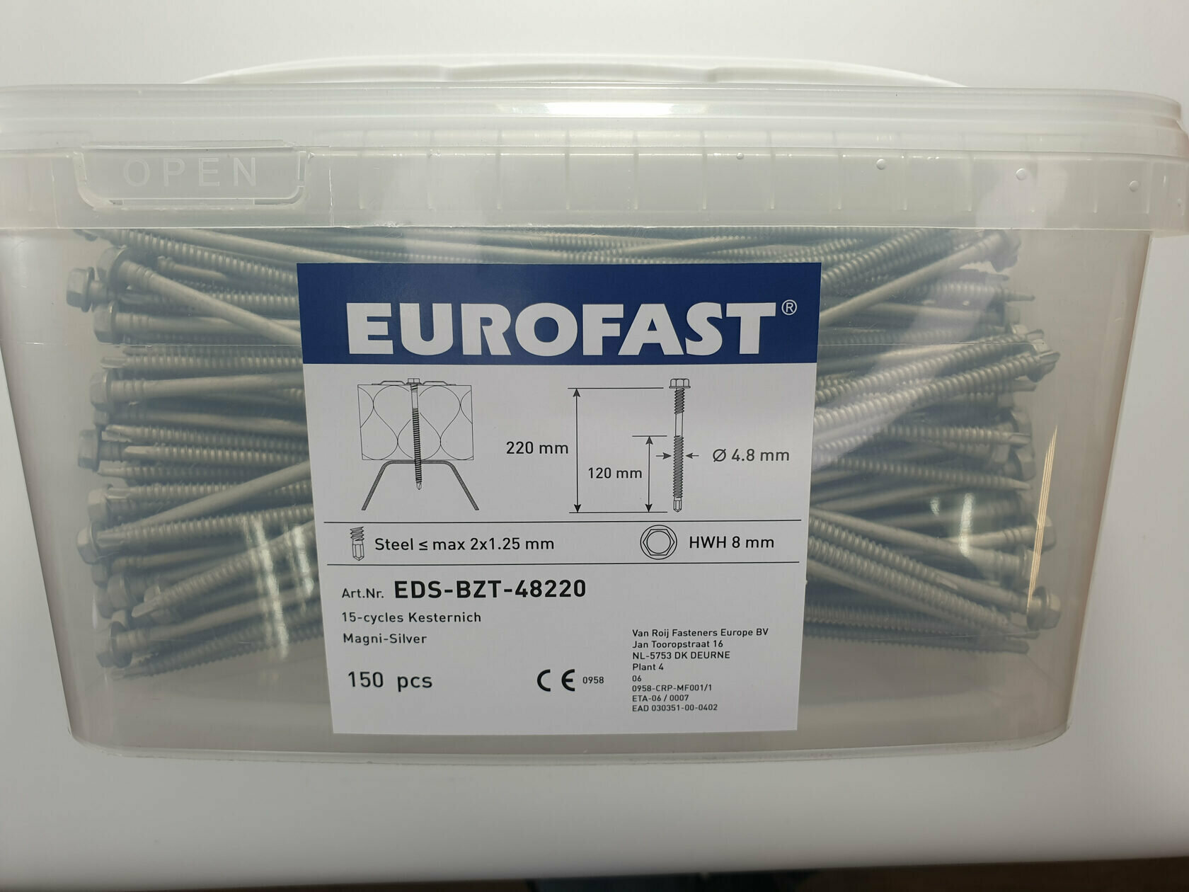 Саморез для сэндвич панелей с фланцем неполная резьба с коротким буром SW8 4.8x220 (150 pcs) EUROFAST, Германия