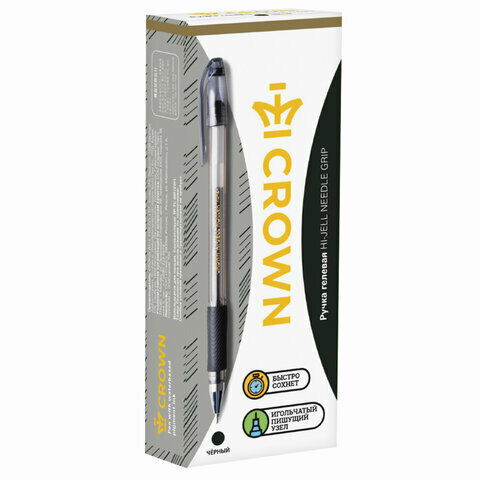 Ручка гелевая с грипом CROWN "Hi-Jell Needle Grip", черная, узел 0,7 мм, линия письма 0,5 мм, HJR-500RNB