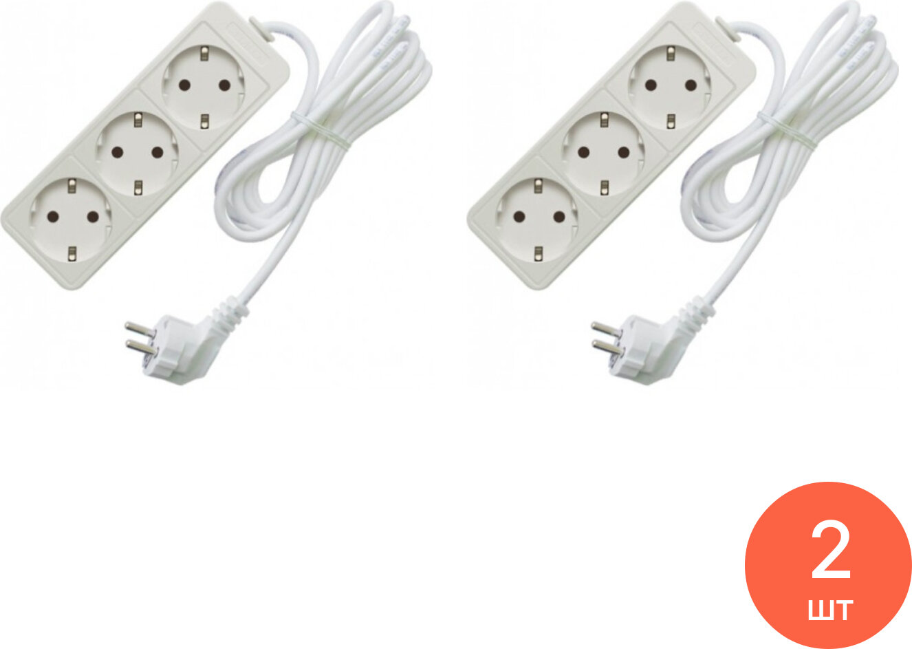 Удлинитель бытовой СОЮЗ ПВС 2х1мм2 без зазeмления, 10А 220В IP20, 3 метра 3 розетки белый, 481S-1303 (комплект из 2 шт)