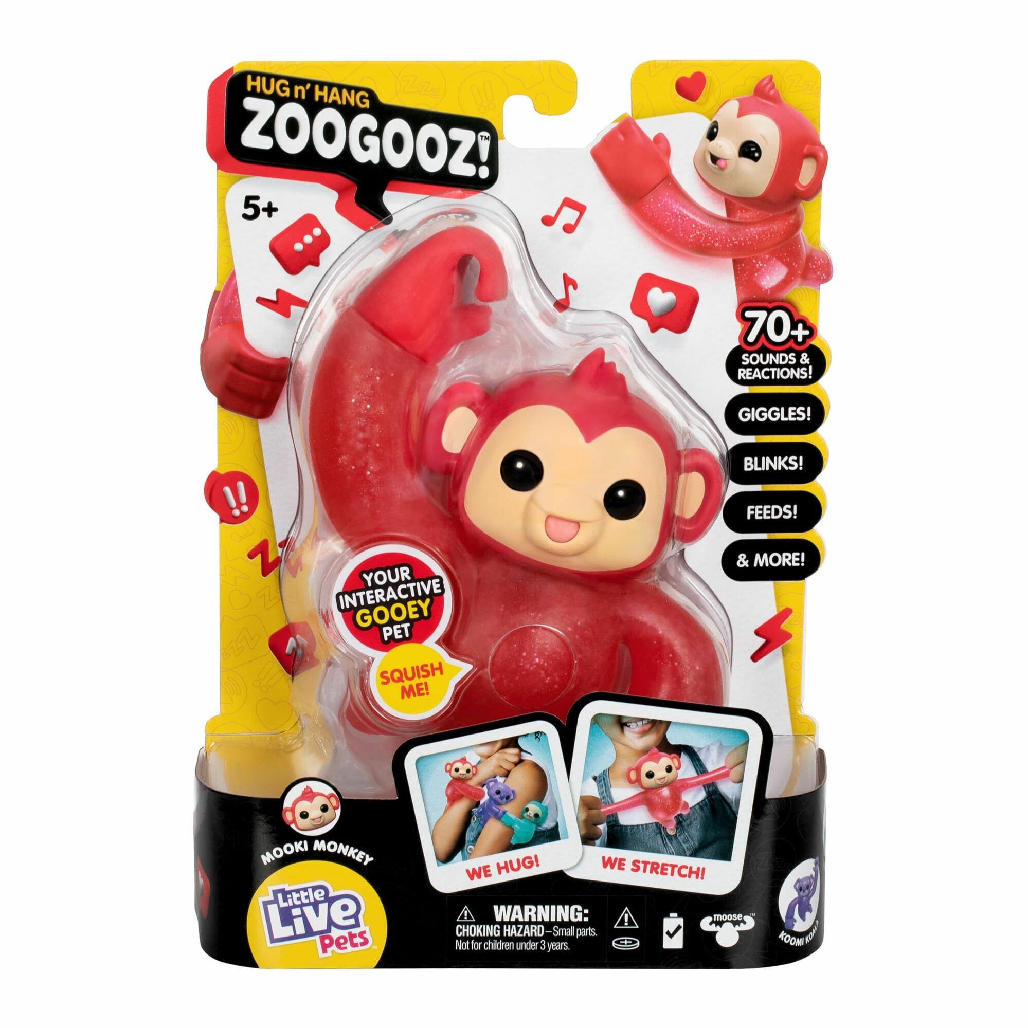 Little Live Pets Hug N' Hang Zoogooz - Mookie Monkey, Интерактивная электронная сквиши-растягивающаяся игрушка-питомец, 70+ звуков и реакций