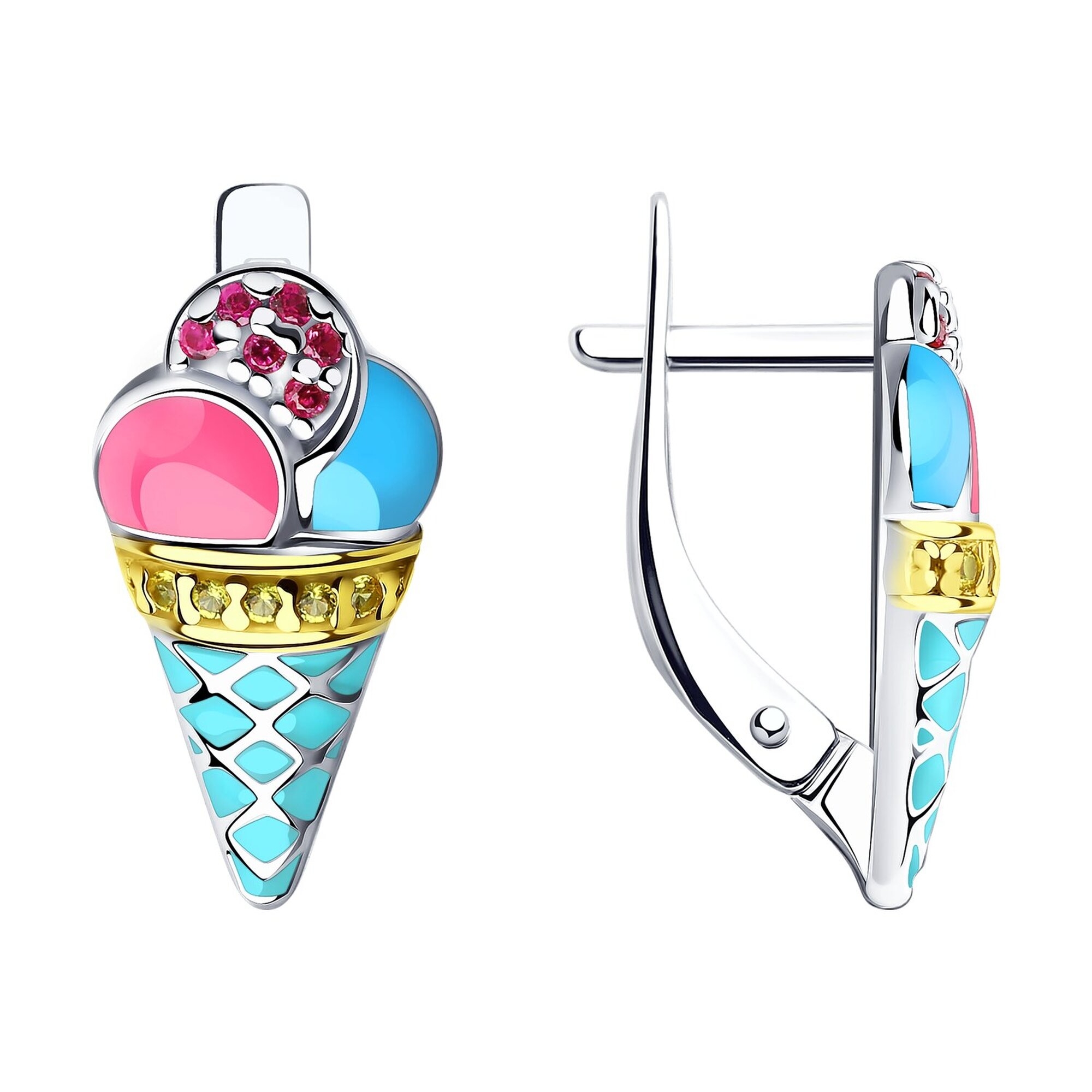 Серьги, серебро, 925 проба, родирование, фианит, корунд, эмаль