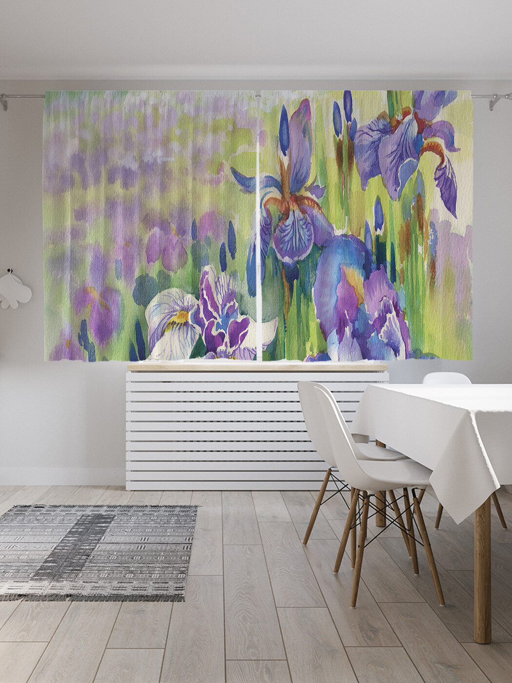 Фотошторы короткие "Акварельные ирисы", 2 полотна шириной по 145 см, высота 180 см, JoyArty