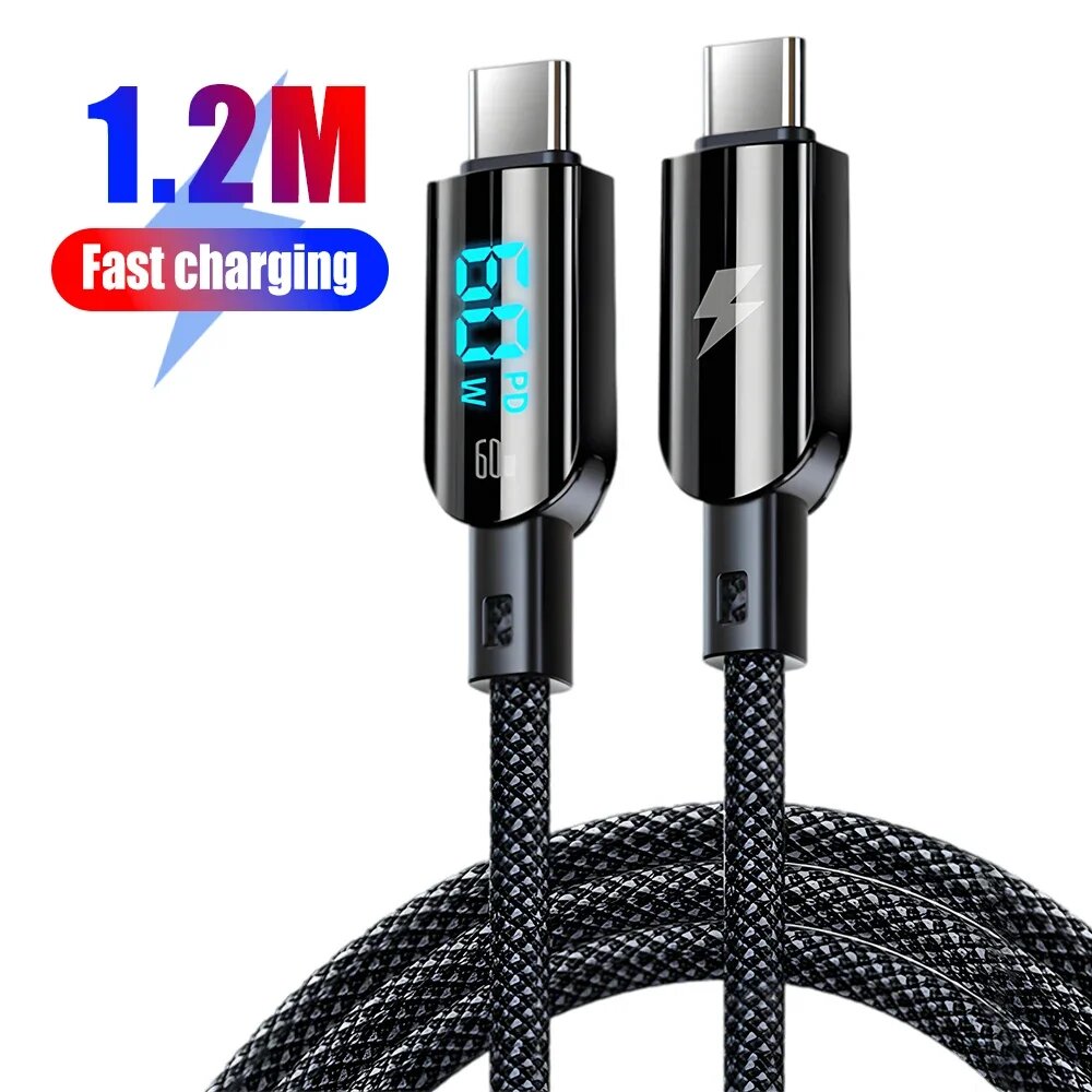 Кабель со светодиодным цифровым дисплеем, 60 Вт, быстрая зарядка, USB-тип C, нейлоновая оплетка, шнур для зарядного устройства для передачи данных для iPhone 15 Pro Max Plus Samsung Xiaomi